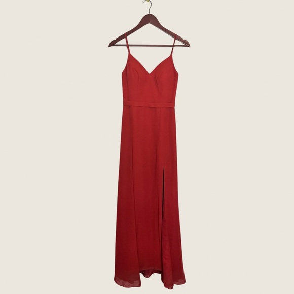 Azazie | Dresses | Azazie Rust Aline Vneck Chiffon Maxi Bridesmaid ...